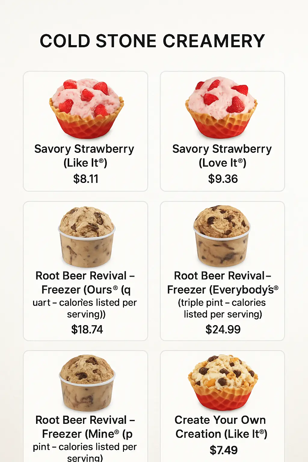 Cold Stone Creamery Menu Prices - PriceListo