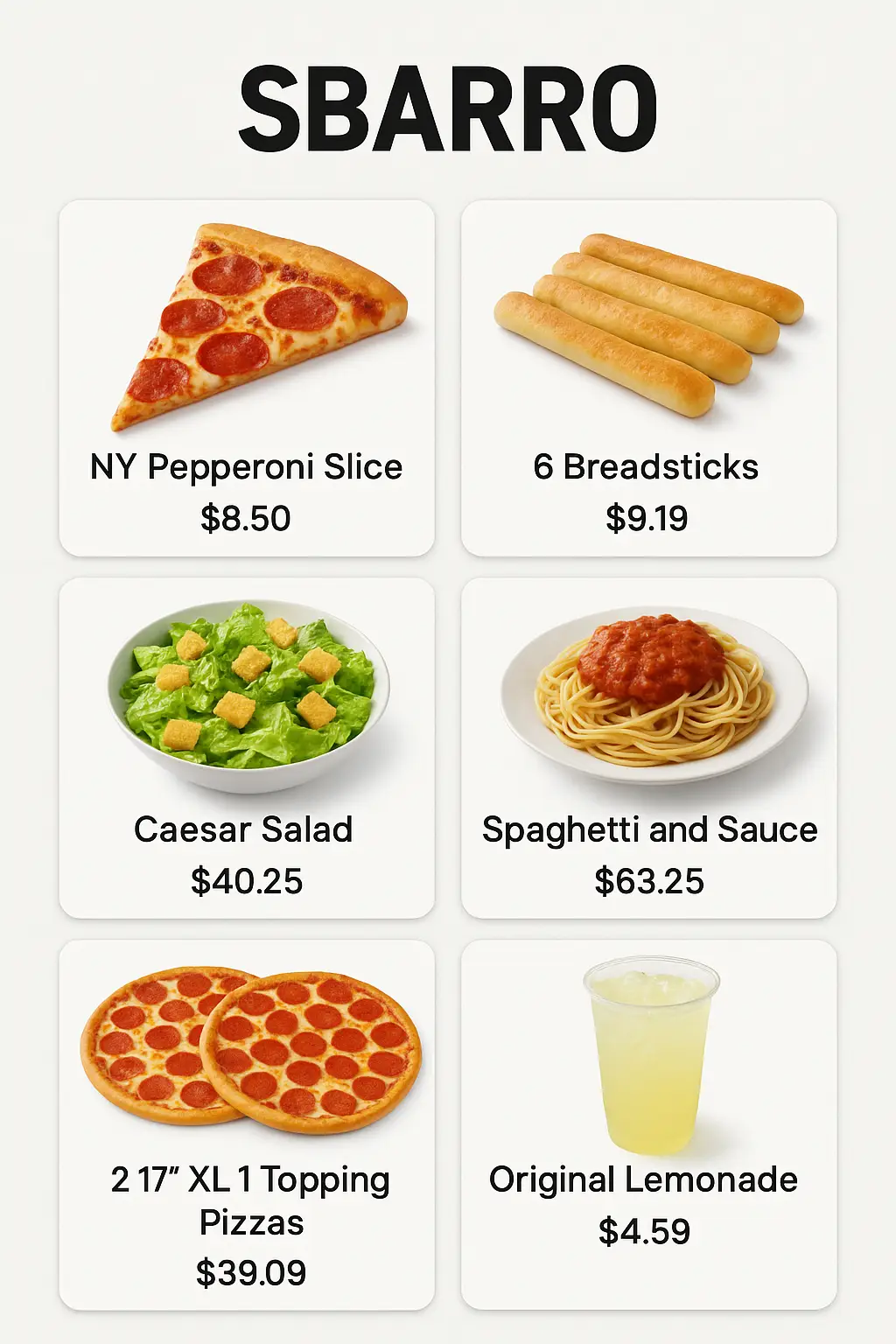 Sbarro Menu Prices - PriceListo