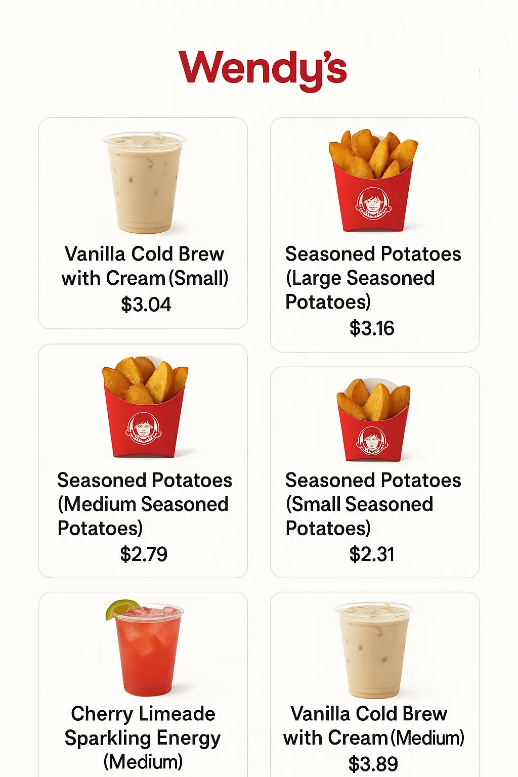 Wendy's Menu Prices - PriceListo